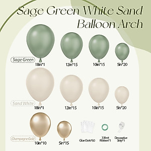 130Pcs Sage Green Gold Balloon Garland Arch Kit with Sage Green Sand White Gold Balloons for Baby Shower Bridal Shower Birthday Engagement Wild One Party Decorations