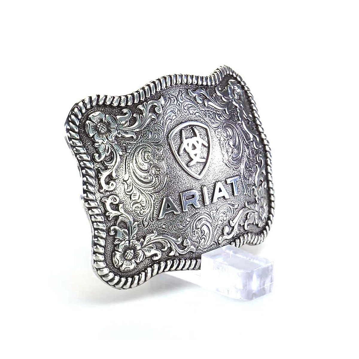 ARIAT Scalloped Logo Buckle with Twisted Rope Edge, Floral Scrolls, Filigree Detailing, 3 ¾" x 2 ¾"