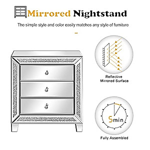 VINGLI Mirrored Nightstands Set of 2 Modern Bedside Table 3 Drawer Glass Side End Table Silver Dresser for Bedroom, 23”L x 13.8”W x 24.3”H