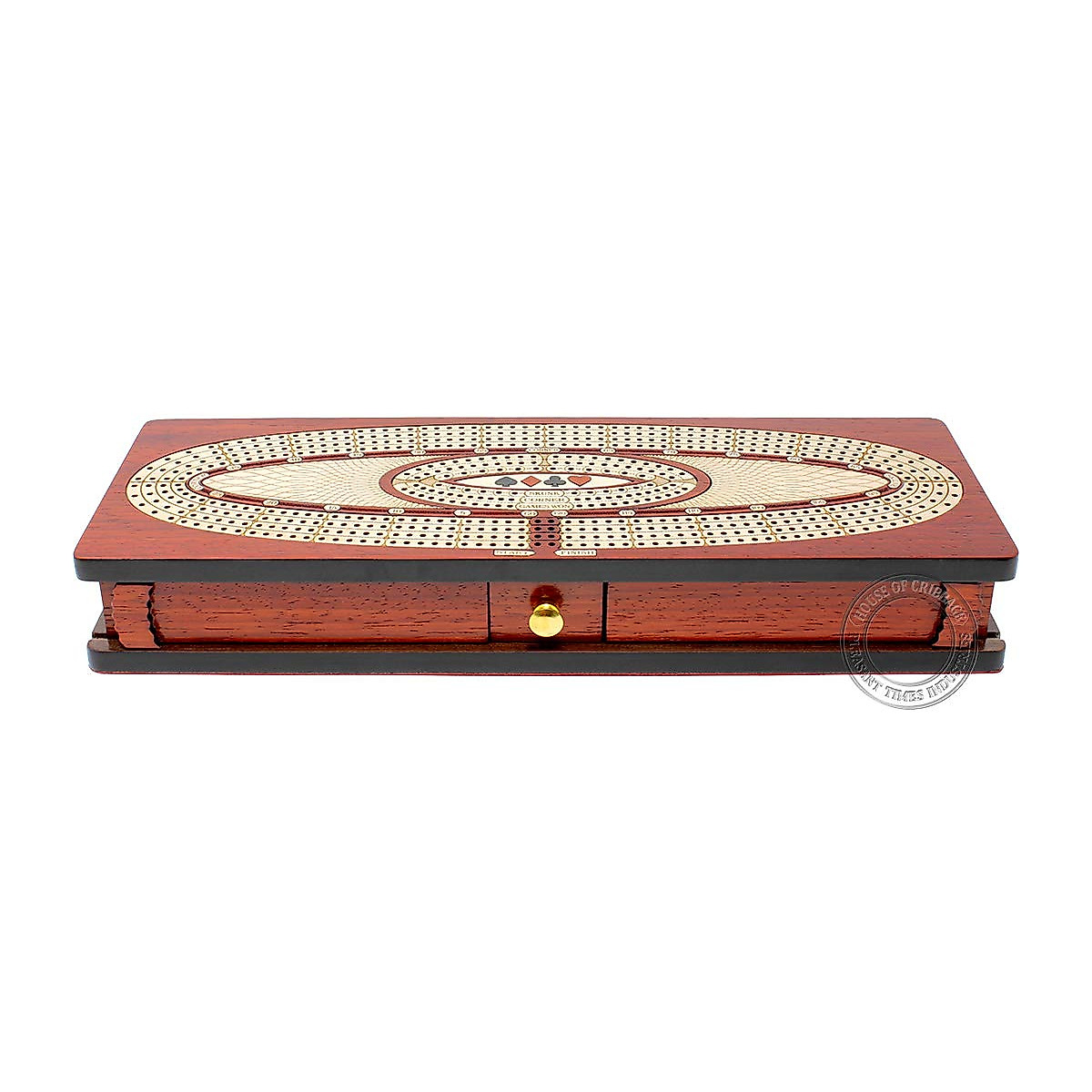 House of Cribbage - Continuous Cribbage Board/Box Inlaid in Blood Wood/Maple : 4 Track - Sliding Lids, Drawer & Metal Pegs with Score Marking Fields for Skunks, Corners and Won Games