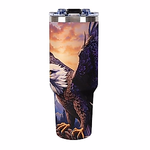 Bald Ea-gle 40 Oz Stainless Steel Cup Travel Tumbler with Handle and Straw Lightweight Coffee Mug for Home Office