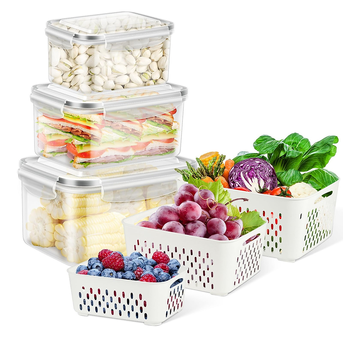 TBMax Fruit Storage Containers for Fridge - 3 Pack Large Produce Saver Containers Fridge Organizers with Airtight Lid & Colander, Vegetable Storage Lettuce Keepers Berry Containers for Refrigerator
