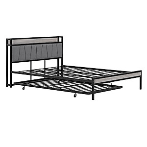 Queen Bed Frame with Trundle and Outlet & USB Ports Metal Platform Bed with Upholstered headboard, Queen Size Metal Panel Bed with Shelf, Noise-Free, No Box Spring Needed, Black with Gray