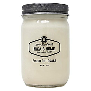 Nika's Home Fresh Cut Grass Soy Candle - 12oz Mason Jar - Non-Toxic Soy Candle-Hand Poured Candle- Handmade, Long Burning Candle-Highly Scented Candle-All Natural, Clean Burning Candle