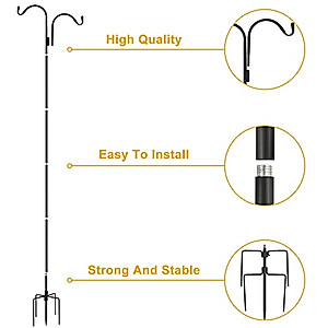 MIXXIDEA Double Shepherds Hook 91 Inch, Bird Feeder Pole with 5 Prong Base, 3/5 Thick Adjustable Hook for Hanging Bird Feeders, Plant Basket, Solar Lights Lantern, Weddings Decor (Black 2 Pack)