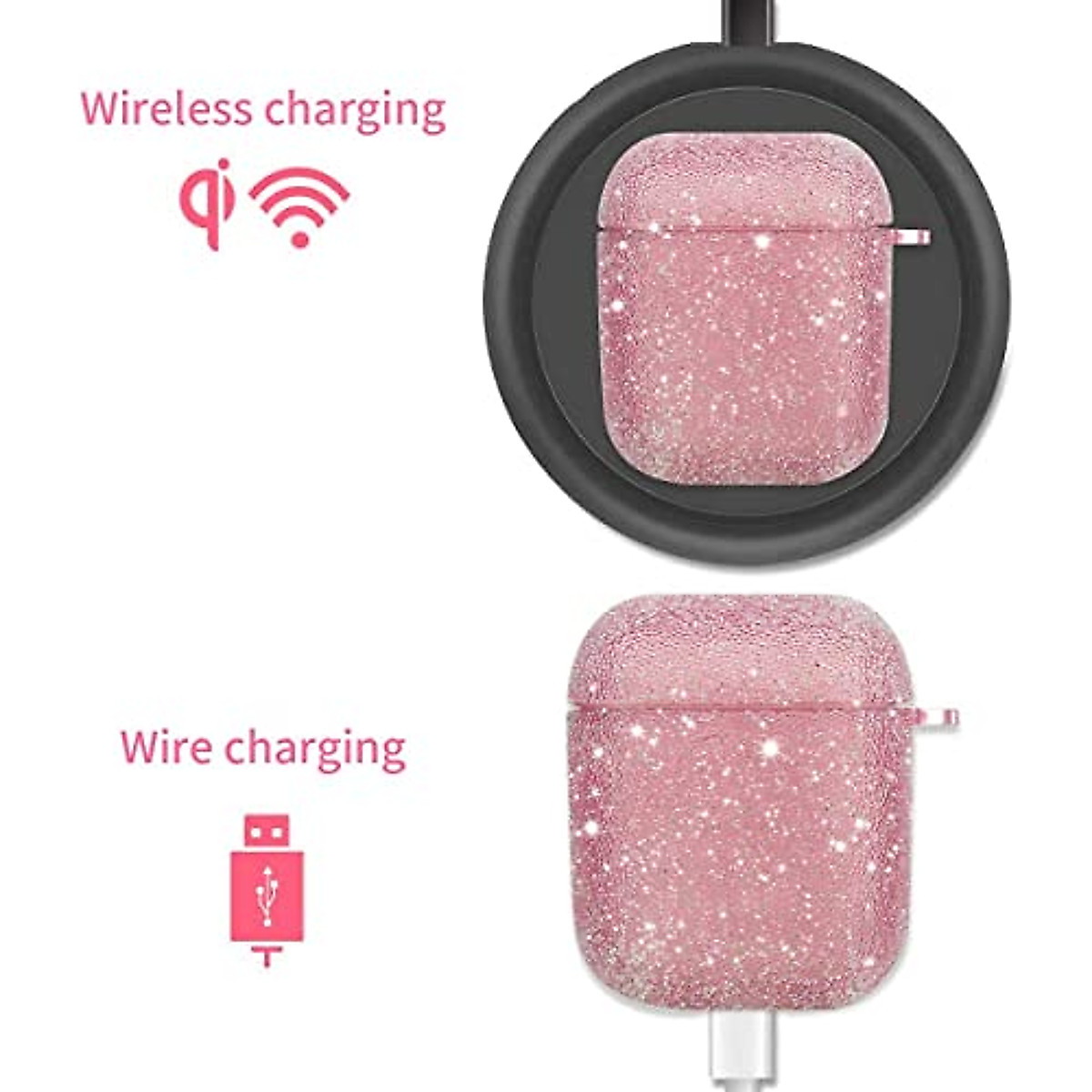 Bling Airpods Case, Cute Glitte Diamond Airpod 1st/2rd Case Cover for Girls Women, Rhinestone Airpods Protective Case with Keychain, Scratch Proof and Drop Proof (Pink)