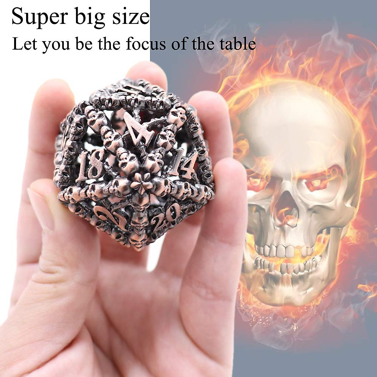 HVCMISHILE 40mm Large D&D Hollow Metal D20 Skull Galore Dice for DND Dungeons and Dragon of Pathfinder Tabletop RPG Polyhedral Dice (Antique Copper D20 Skull Dice)