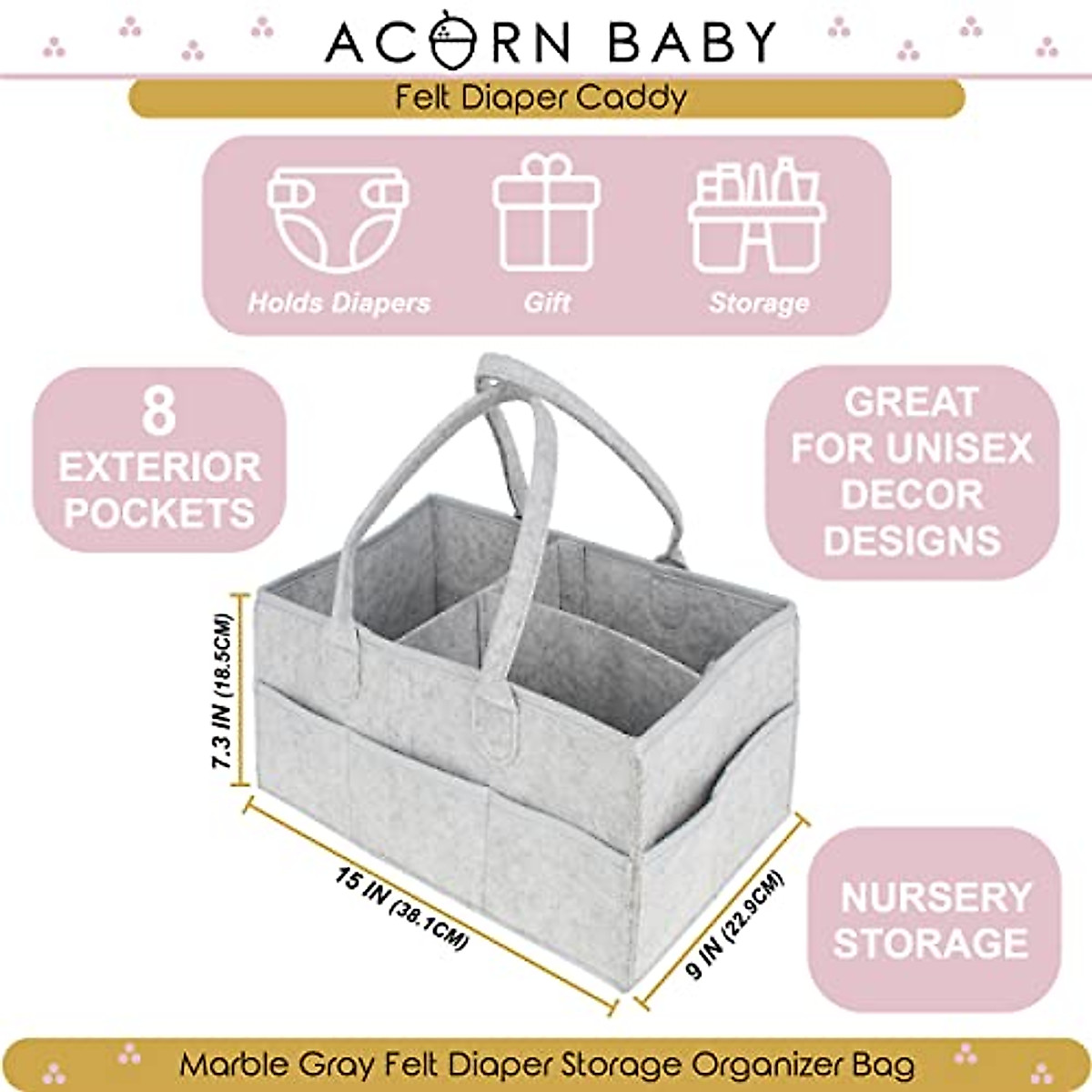 Acorn Baby Diaper Organizer Caddy Bag - Large Felt 15x9in Car and Nursery Organizer and Baby Diaper Caddy Organizer