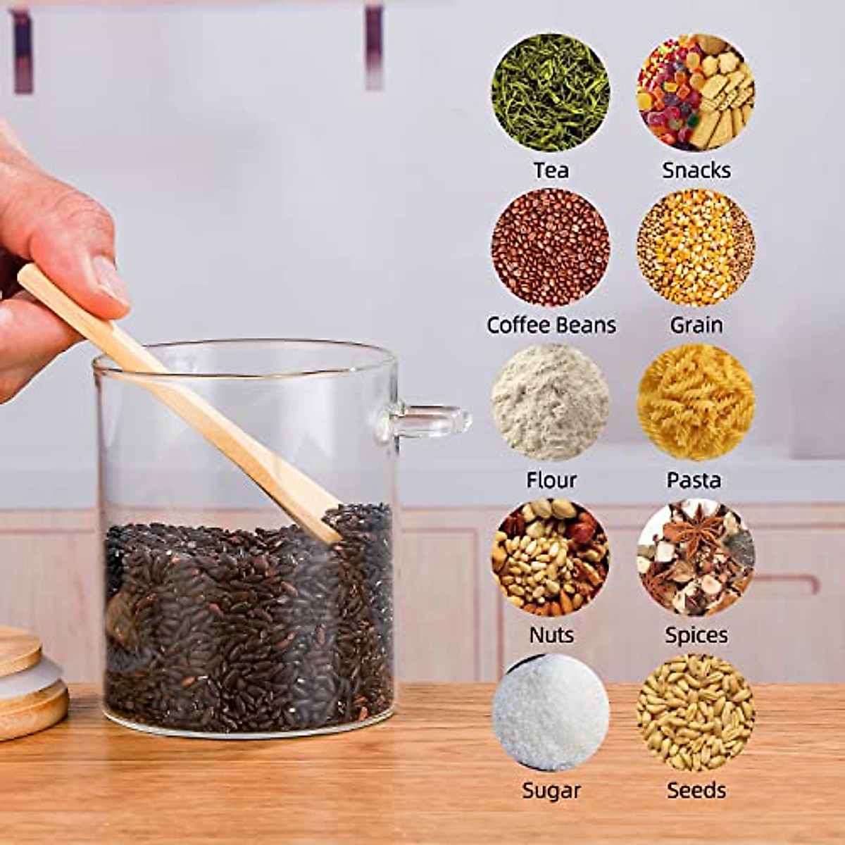 howbonwe Set of 3 Glass Food Storage Containers with Airtight Bamboo Lids and Bamboo Spoons, 15oz Clear Borosilicate Glass Containers Kitchen Organization Jars for Candy, Cookie, Nuts, Tea, Spice