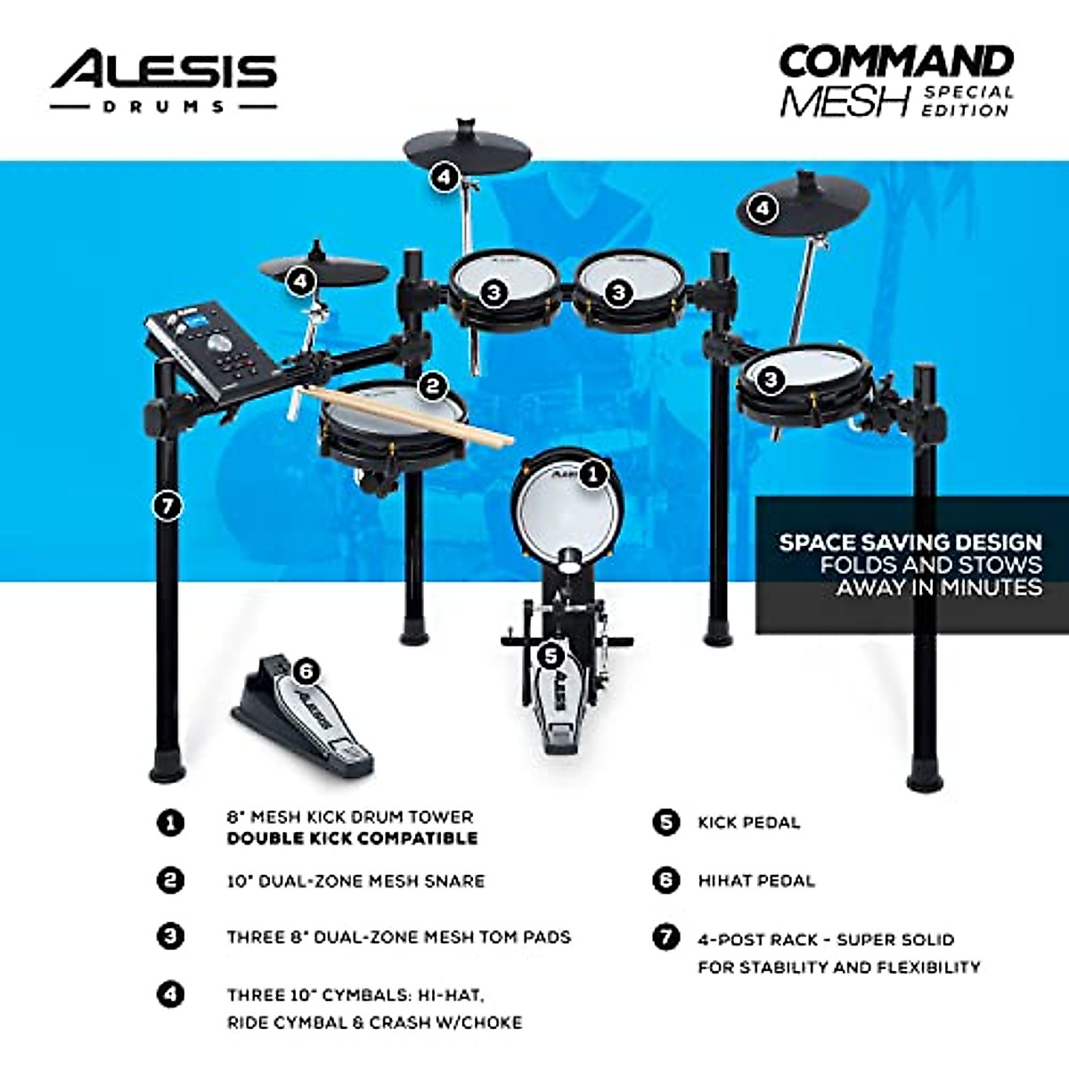 Alesis Drums Command Mesh SE Kit - Electric Drum Set with Quiet Dual Zone Mesh Pads, USB MIDI Connectivity and 600+ Electronic & Acoustic Drum Sounds