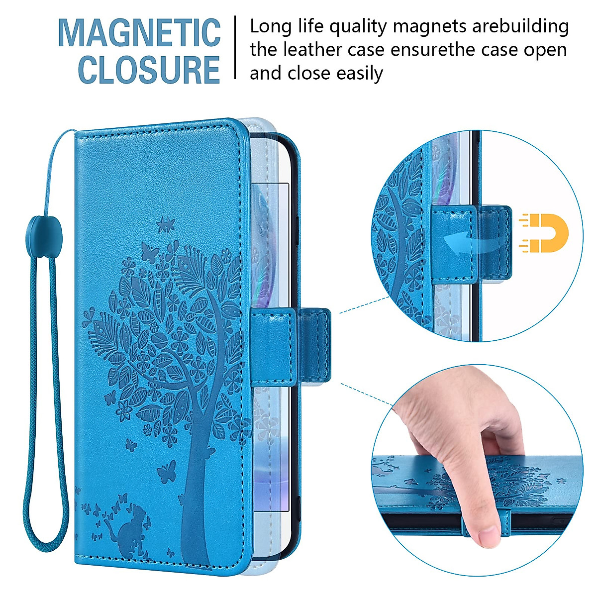 Asuwish Compatible with Oppo Reno 2 Wallet Case and Tempered Glass Screen Protector Flip Purse Accessories Wrist Strap Credit Card Holder Stand Cell Phone Cover for Reno2 2019 Women Men Blue