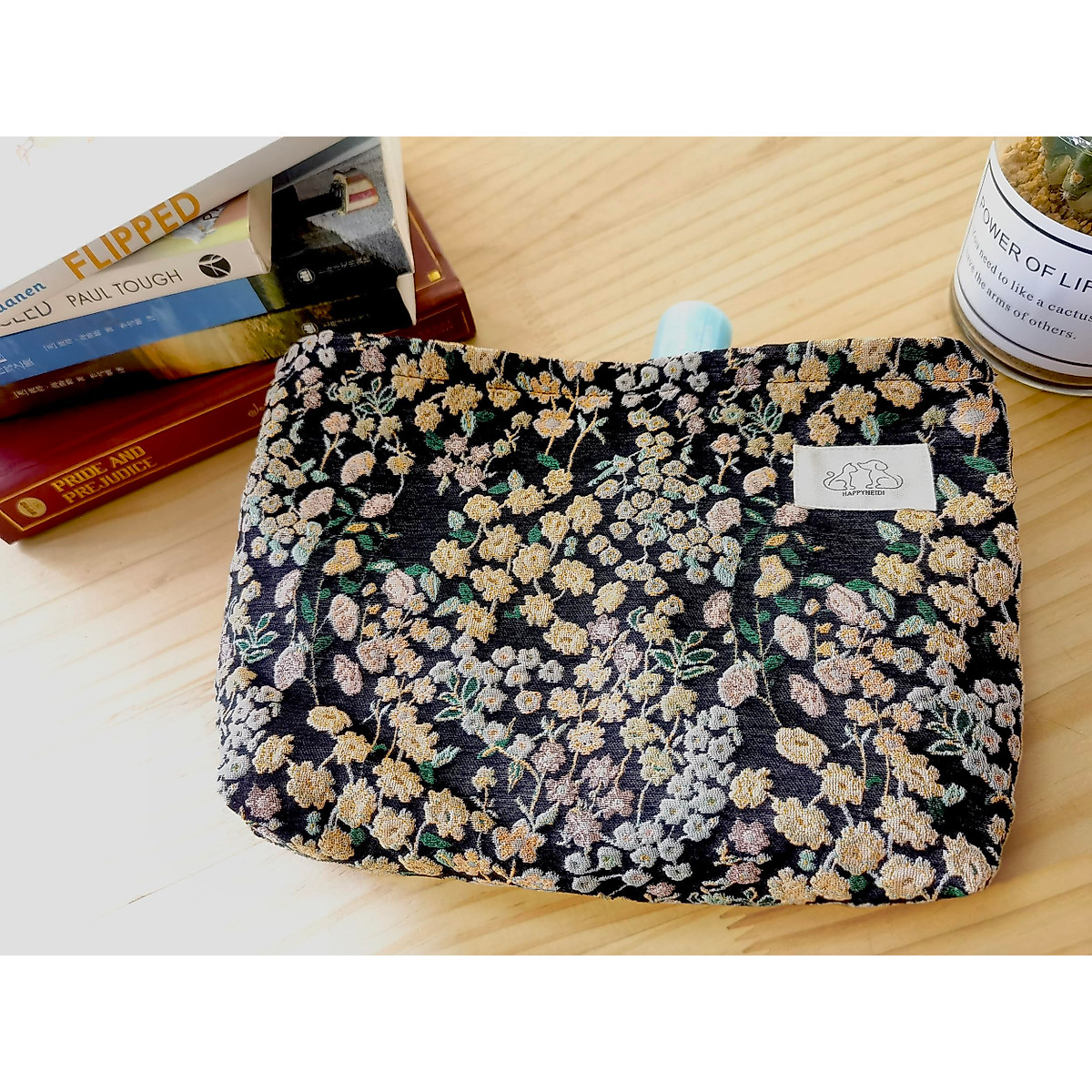 HAPPYHEIDI Women Aesthetic Travel Makeup Bag Accessory Zipper Pouch for Cosmetics, Purse Organizer, Embroidery Lucky Flowers Black