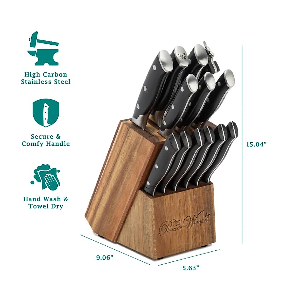 Generic The Pioneer 2 Woman Pioneer Signature 14-Piece Stainless Steel Knife Block Set, Black