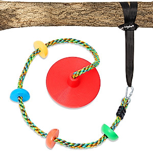 Jungle Gym Kingdom Tree Swing for Kids - Single Disc Seat and Rainbow Climbing Rope Set w/Carabiner and 4 Foot Strap - Treehouse and Outdoor Playground Accessories - Red