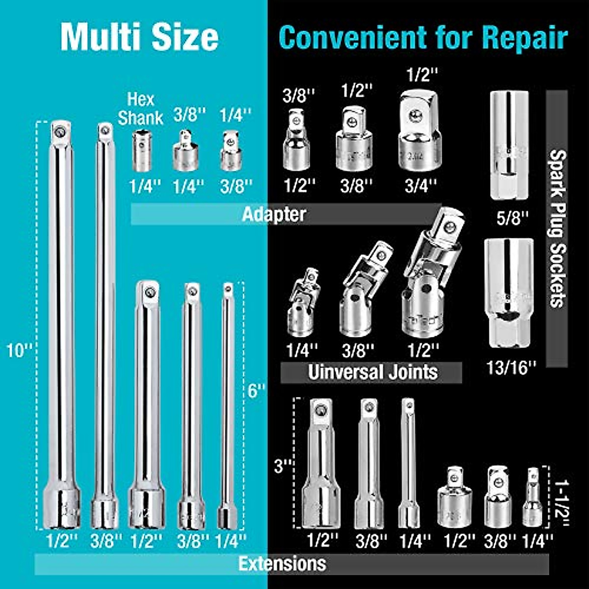 DURATECH 22-Piece Drive Tool Accessory Set, Including 1/4 3/8 1/2 Extension Bars, Socket Adapters, Universal Joints, Spark Plug Sockets, Professional Socket Accessories, Cr-V Steel, EVA Foam Package