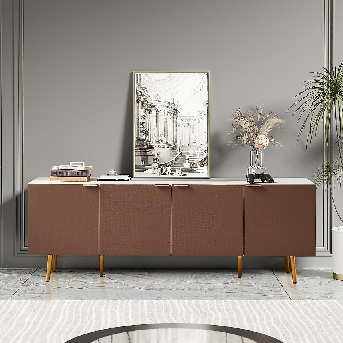 Vliekcy TV Stand for 70 Inch TV, Media Entertainment Center Console Table with Leaf Patterns Doors, Wooden TV Stand with Storage Cabinet for Media Room, Living Room-Cognac Tan & White