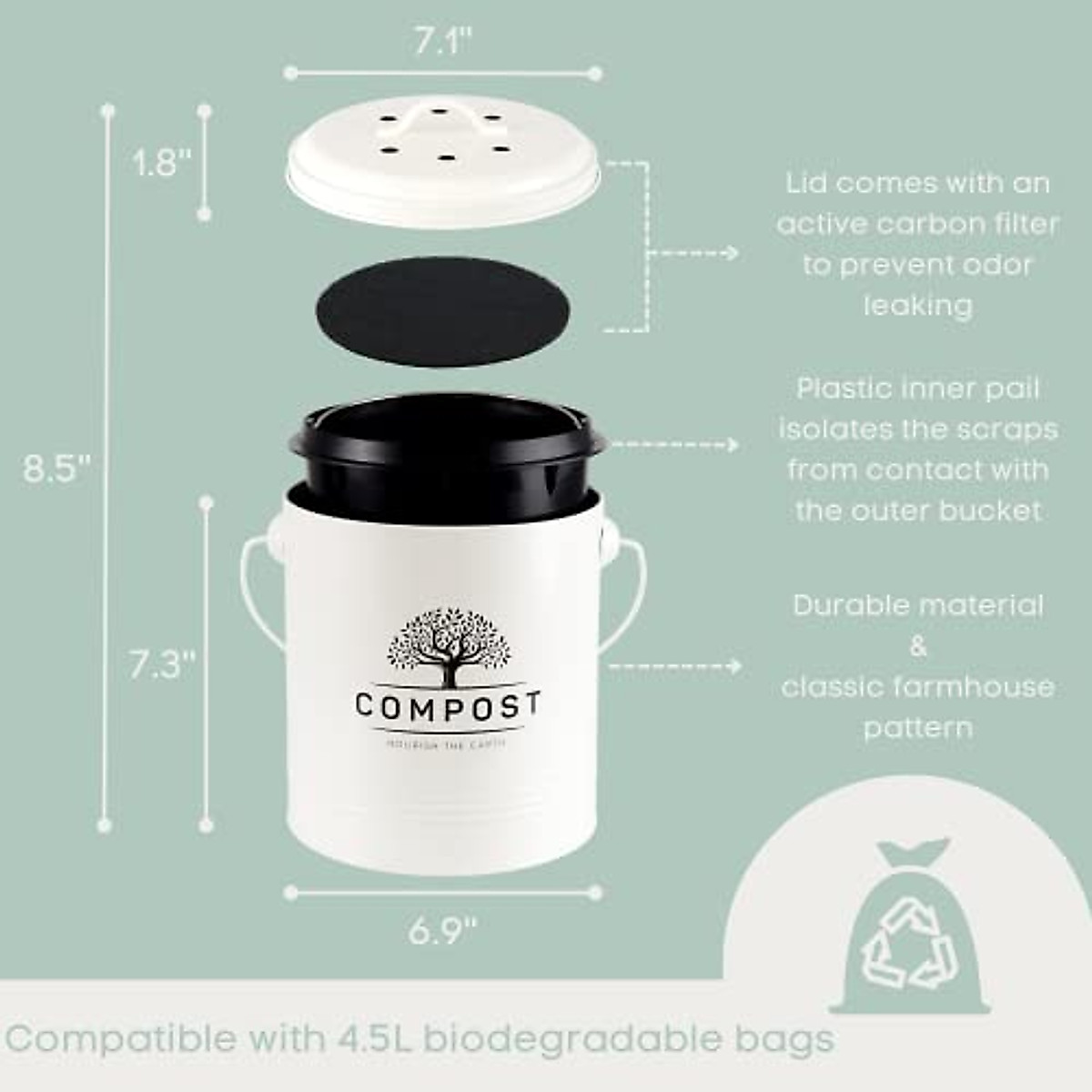 Perfnique Kitchen Compost Bin, 1.3 Gallon Countertop Compost Bin with Lid, Indoor Compost Bucket Includes Inner Bucket Liner and Carbon Filter, Small Compost Bin