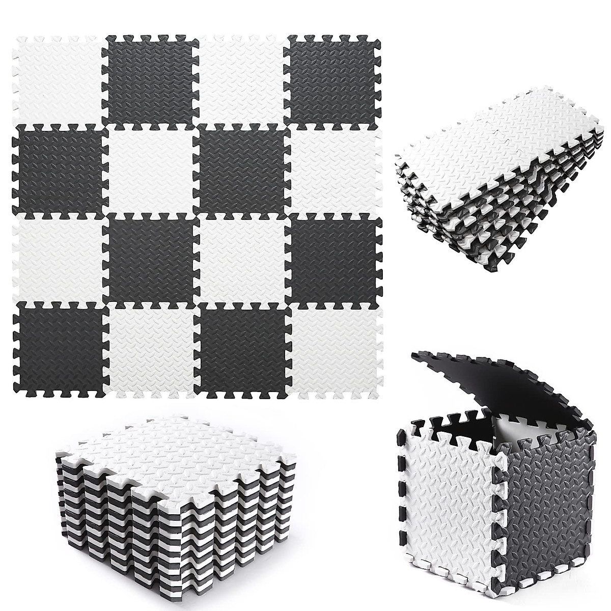Tamiplay Foam Play Mat for Baby, 0.4 Inch EVA Soft Non-Toxic Baby Playmat, Interlocking Floor Mats, Solid Colored Foam Puzzled Floor Mats, Baby Play Mat Exercise Mats, 16 Tiles(White/Black)