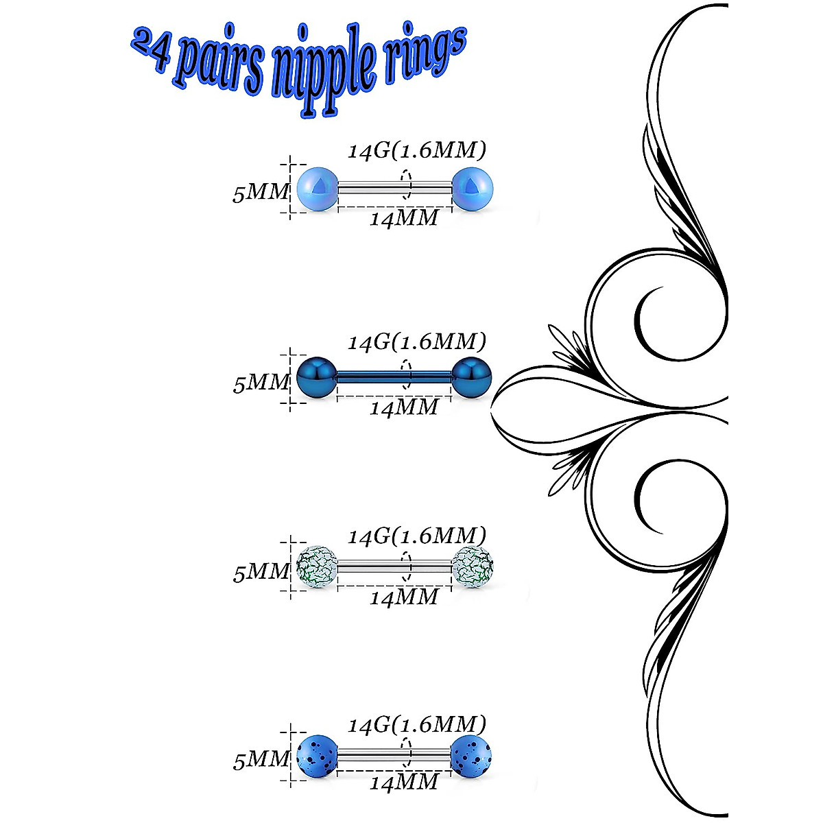 Vsnnsns 14G Nipple Rings Tongue Rings Piercing 14mm Stainless Steel Nipplerings Straight Barbell Nipple Rings Body Piercing Jewelry for Women Men 24 Pairs