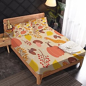 zcsm Fall Decor Sheets Full Size Sheet Sets - Autumn Bed Sheets, Soft Microfiber & Deep Pocket & Wrinkle Free Patterned Bedding Sheets & Pillowcases, 1 Fitted Sheet, 1 Flat Sheet, 2 Pillow Cases