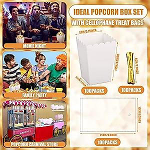 Mini White Popcorn Boxes and Clear Treat Bag Set- Bulk Open Top Paper Popcorn Containers with Treat Bags, Popcorn Candy Boxes for Movie Nights, Party Supplies, 3 x 4 inch (200 Pcs)