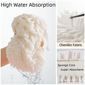 Hand Towel Set-2 Pack Enlarge Chenille Fuzzy Ball Hand Towels, with 2 Hand Towel Hooks, Quick Dry High Absorbent Soft Multifunctional Towels for Bathroom and Kitchen (White+Grey)