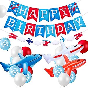 Airplane Birthday Party Supplies 56 Pieces Airplane Themed Party Decoration with Inflatable Airplane Balloons Thick Latex Balloon Happy Birthday Banners Kid Airplane Cloud Balloon Decor