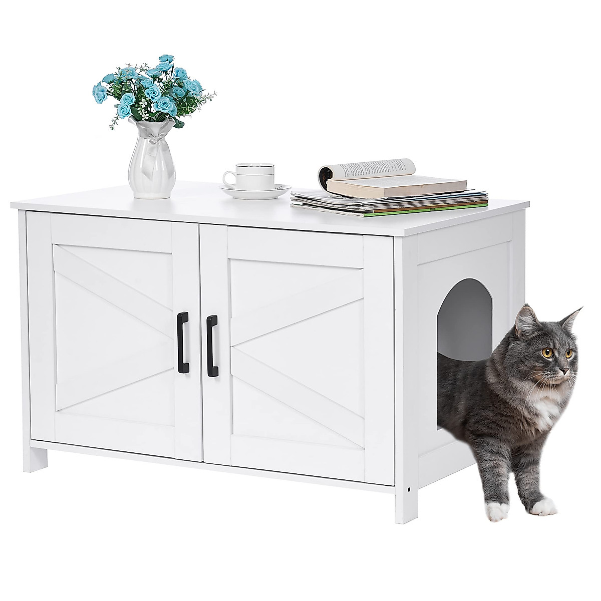 Homhedy Cat Litter Box Enclosure,Litter Box Furniture Hidden with Barn Door,Wooden Cat Washroom Furniture,Cat House,Fit Most of Litter Box,White