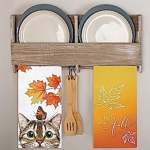 GAGEC Fall Kitchen Towels Maple Leaf Cat Fall Dish Towels Set of 4, Hello Pumpkin Holiday Tea Towel 18 x 26 Inch Hand Drying Cloth Towel for Kitchen Home Decoration