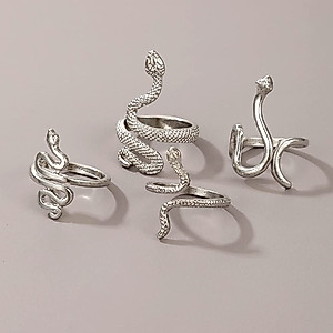 JWICOS 4Pcs Silver Punk Snake Style Stackable Finger Rings for Women Gothic Vintage Open Adjustable Rings Set Gift for Snake Lover Reptile Lover