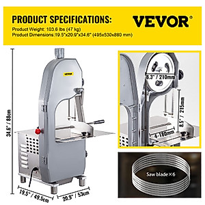 VEVOR 110V Bone Saw Machine, 1500W Frozen Meat Cutter, 2.1HP Butcher Bandsaw, Thickness Range 4-180mm, Max Cutting Height 215mm, Worktable 19.3x17.3inch, Sawing Speed 19m/s, Equipped with 6 Saw Blades