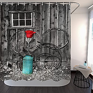 4 Piece Country Farmhouse Life Blue Pot Flowers Red Rose Shower Curtains Sets with Non-Slip Rugs, Toilet Lid Cover and Bath Mat, Bathroom Sets with Shower Curtain and Rugs and Accessories