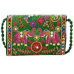 Green Clutch Bags for Women - Rajasthani Hand Embroidered Mini Crossbody Bag Women's Cluches for Wedding Party Gifts