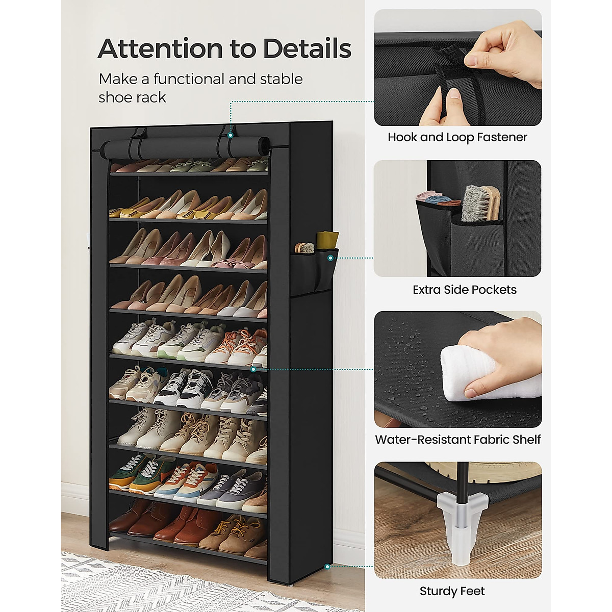 SONGMICS Shoe Rack, 9 Tier Shoe Organizer with Nonwoven Fabric Cover, Shoe Storage Shelf for 40-50 Pairs of Shoes, Entryway, Suitable for Sneakers, High Heels, Flats, and Boots, Black URXJ36HV1