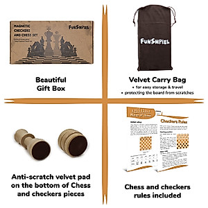 Funshpiel Magnetic Wood Checkers and Chess Set – Premium Handcrafted Chess Board Set with 2 Extra Queens, Chess and Checkers Set for Kids and Adults, Compact and Foldable Design, 15-inch Board Games