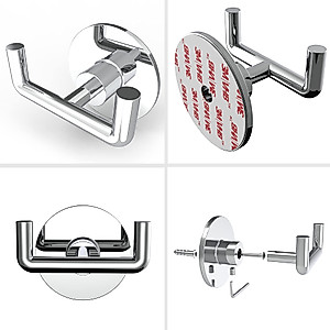 Ruacq Adhesive Double Towel Hook Chrome Round Base Bathroom Robe Self-Adhesive Towel Holder Hand Towel Hanger Stainless Steel and Zinc Alloy Modern Polished Chrome 2 Pack