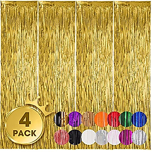 Voircoloria 4 Pack Gold Foil Fringe Backdrop Curtains, Tinsel Streamers Birthday Party Decorations, Fringe Backdrop for Graduation, Baby Shower, Gender Reveal, Disco Party