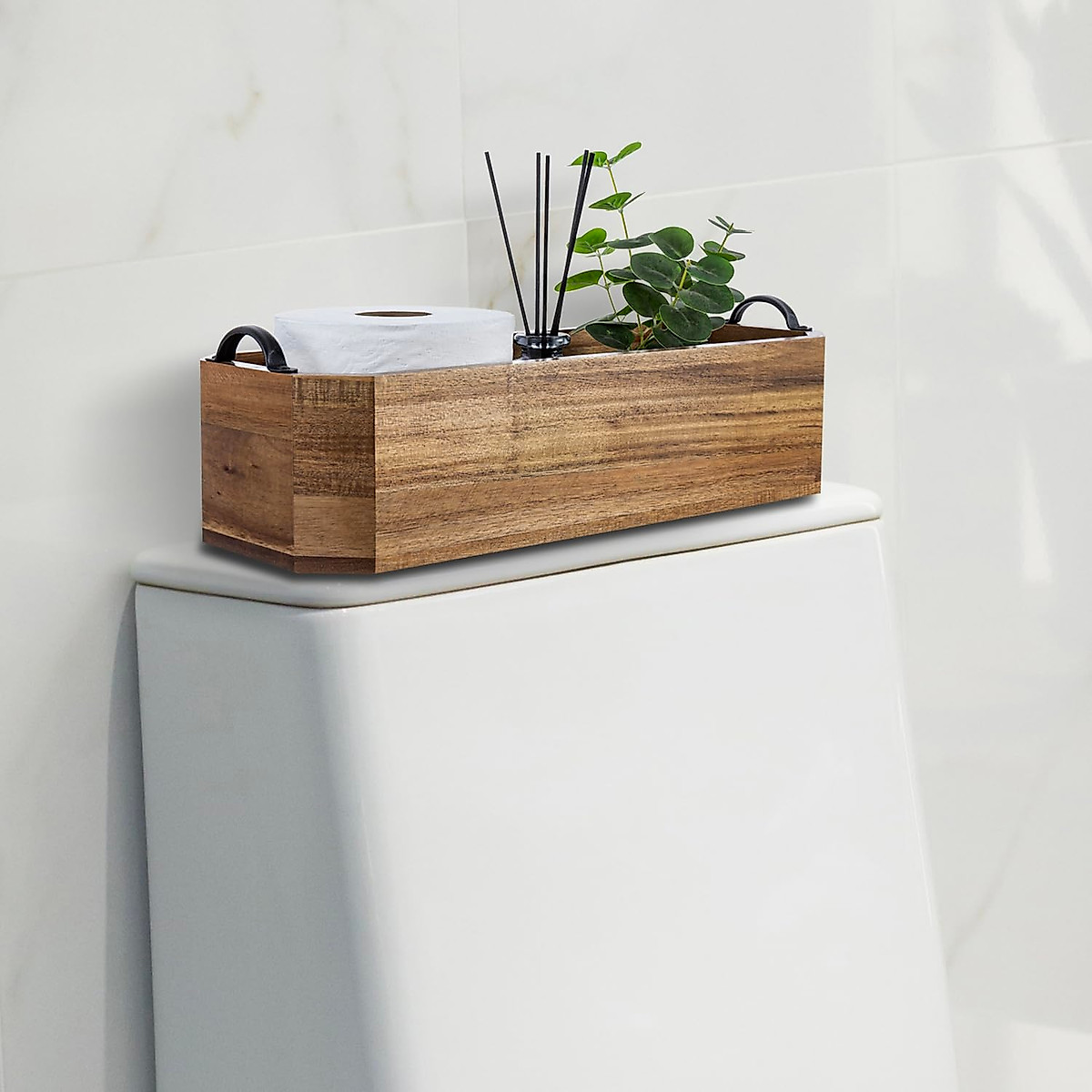 MyGift Bathroom Caddy Tray Natural Acacia Wood Toiletries Storage Bin and Toilet Paper Holder with Metal Handles, Toilet Tank/Vanity Countertop Organizer Basket