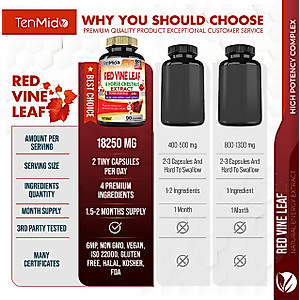 18250mg Red Vine Leaf Extract Capsules - with Horse Chestnut, Beet Root, Ginger - Herbal Suppplement for Heart, Leg Vein & Energy - 90 Vegan Capsules for 45 Days