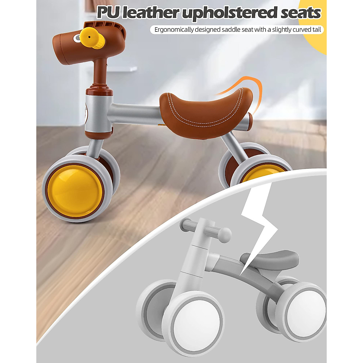 PerKidern Baby Balance Bike for 1-2 Year Old Boy Girl, Balance Bike for 12-24 Months 4 Wheels Toddler Balance Bike, Baby Bike 1+ Years Toy First Birthday Gifts (brown)