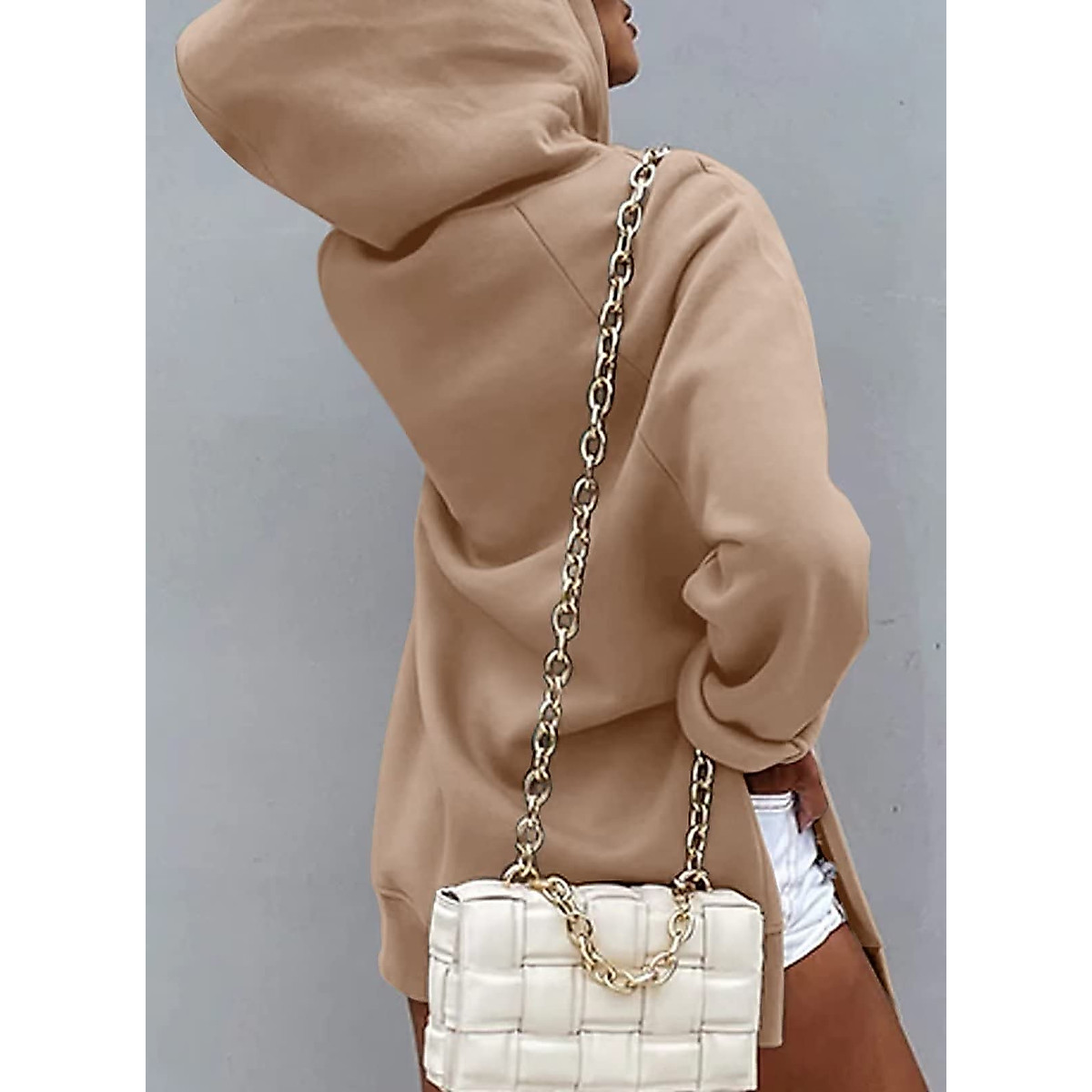 Syellowafter Women Oversized Pullover Dress with Hood Casual Sweatshirt Kangaroo Pouch Pocket Hoodie Loose Top Khaki Large