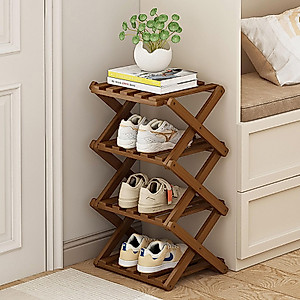 Narrow Shoe Rack - Shoe Storage Organiser- Vertical Bamboo Foldable Shoes Shelf for Entryway, Closet, Bedroom, Hallway ([tawny] 4 layers)