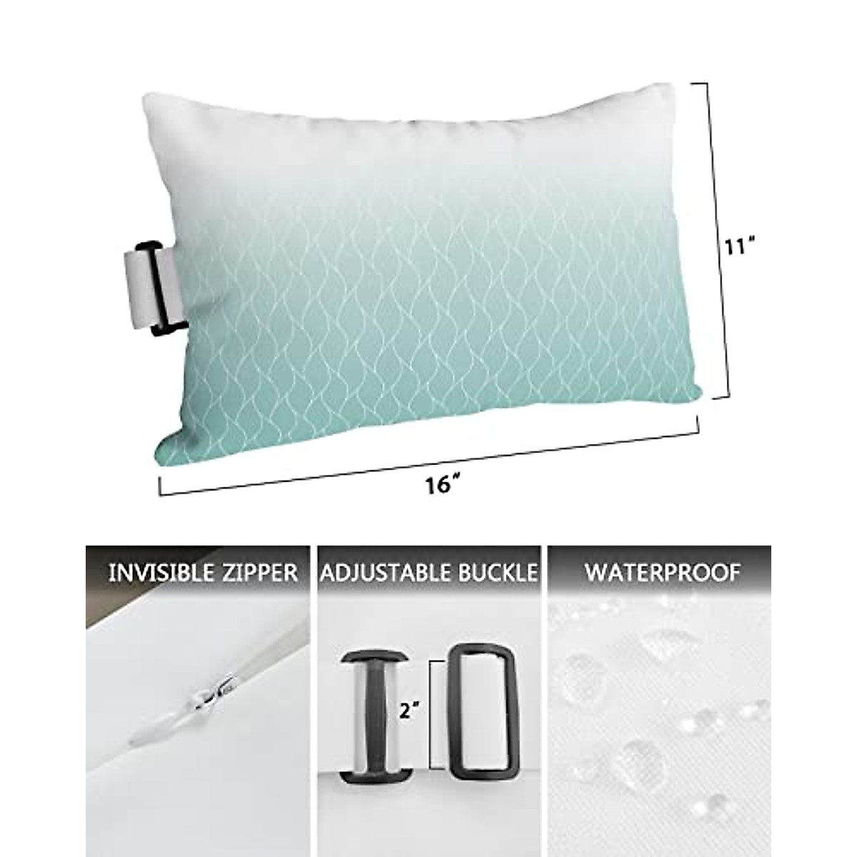 Recliner Head Pillow Ledge Loungers Chair Pillows with Insert Moroccan Texture Teal Gradient Lumbar Pillow with Adjustable Strap Outdoor Waterproof Patio Pillows for Beach Pool Chair, 2 PCS