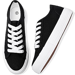 Women's White Platform Sneakers Black Platform Tennis Shoes Casual Lace up Fashion Sneakers Canvas Walking Flat Shoes (Black,US8)