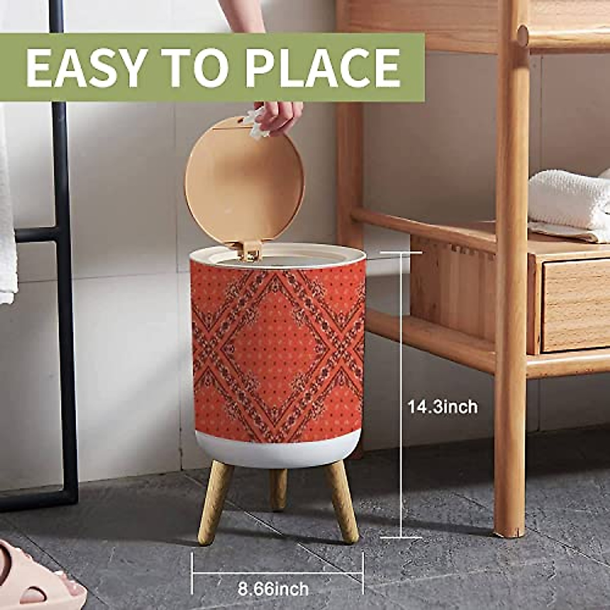 Small Trash Can with Lid Seamless Based on Ornament Paisley Bandana Print Vintage Style Silk Wood Legs Press Cover Garbage Bin Round Waste Bin Wastebasket for Kitchen Bathroom Office 7L/1.8 Gallon