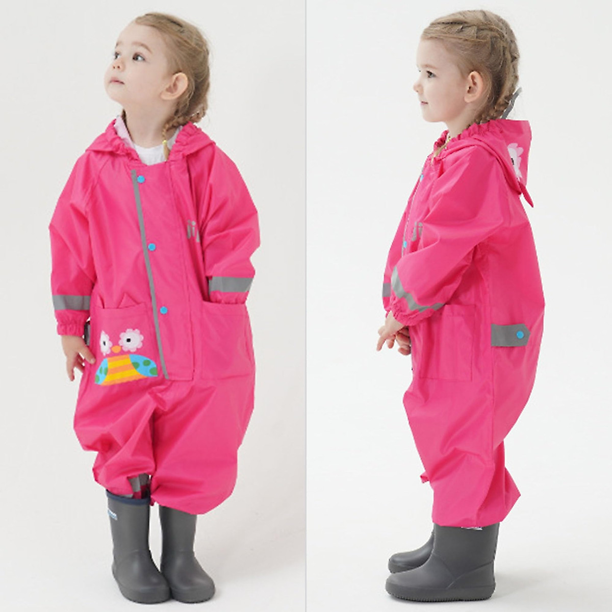 Kids Toddler Rain Suit for Boys Girls One Piece Hoodie Zipper Cute Cartoon Owl Waterproof Rain Jacket 7-9 Years XL Size