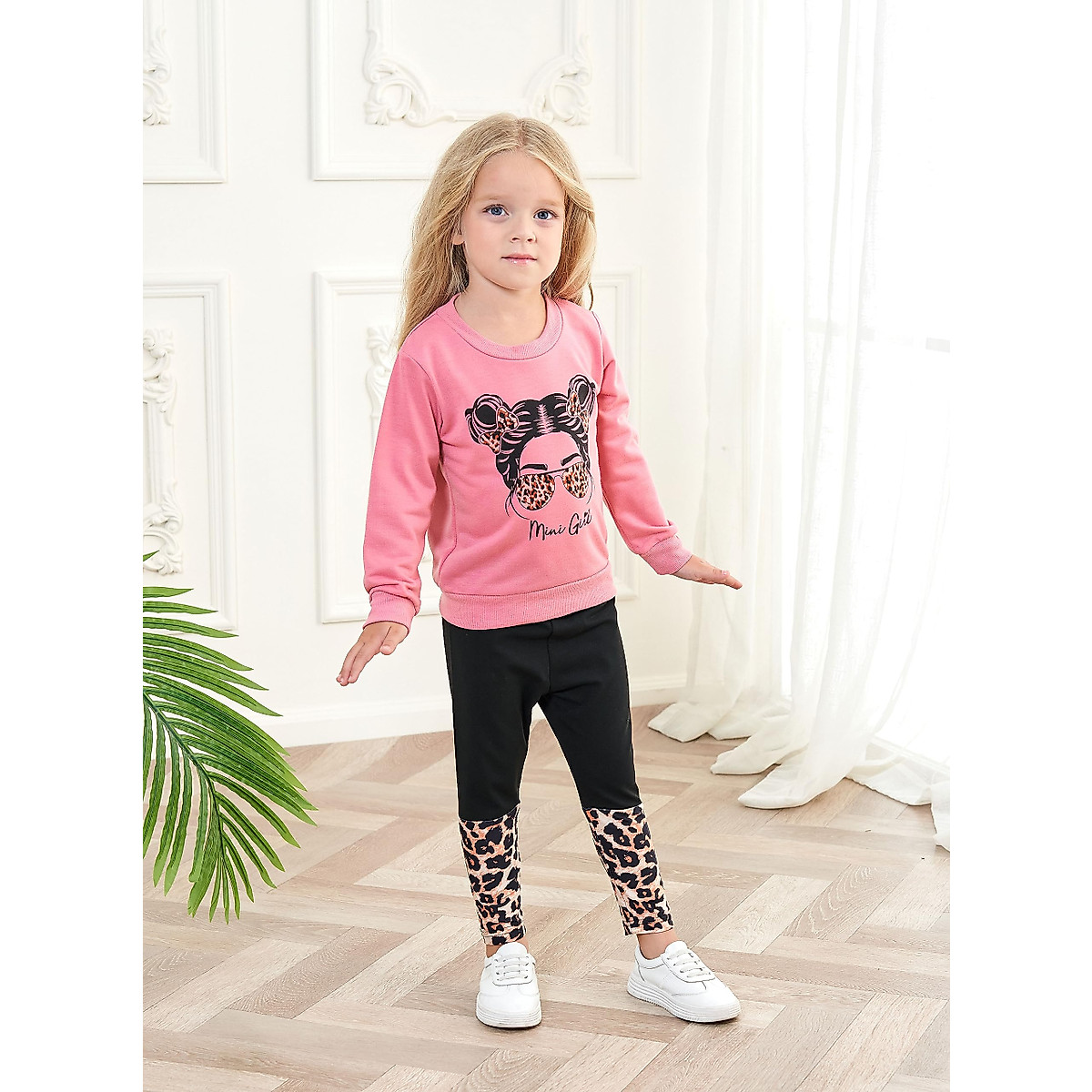 KIDLAGA Toddler Girl Clothes Figure Graphic Drop Shoulder Top Pullover Leopard Print Pants Fall Winter Outfit Set(5-6T)