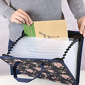 Ozzptuu Floral Printed Canvas A4 Size 13 Pockets Expandable File Folder Accordion Document Organizer with Portable Handle