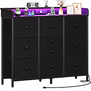Yoobure Dresser for Bedroom with Charging Station and LED Lights, Tall Dresser TV Stand with 10 Storage Drawers,Fabric Black Dressers & Chests of Drawers,Wood Dresser for Bedroom Closet Organizer