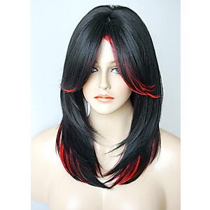 Medium Length Layered Wigs Black with Red Highlights wigs Layered wig with bangs Synthetic wig Highlight for white Women (Black with red)